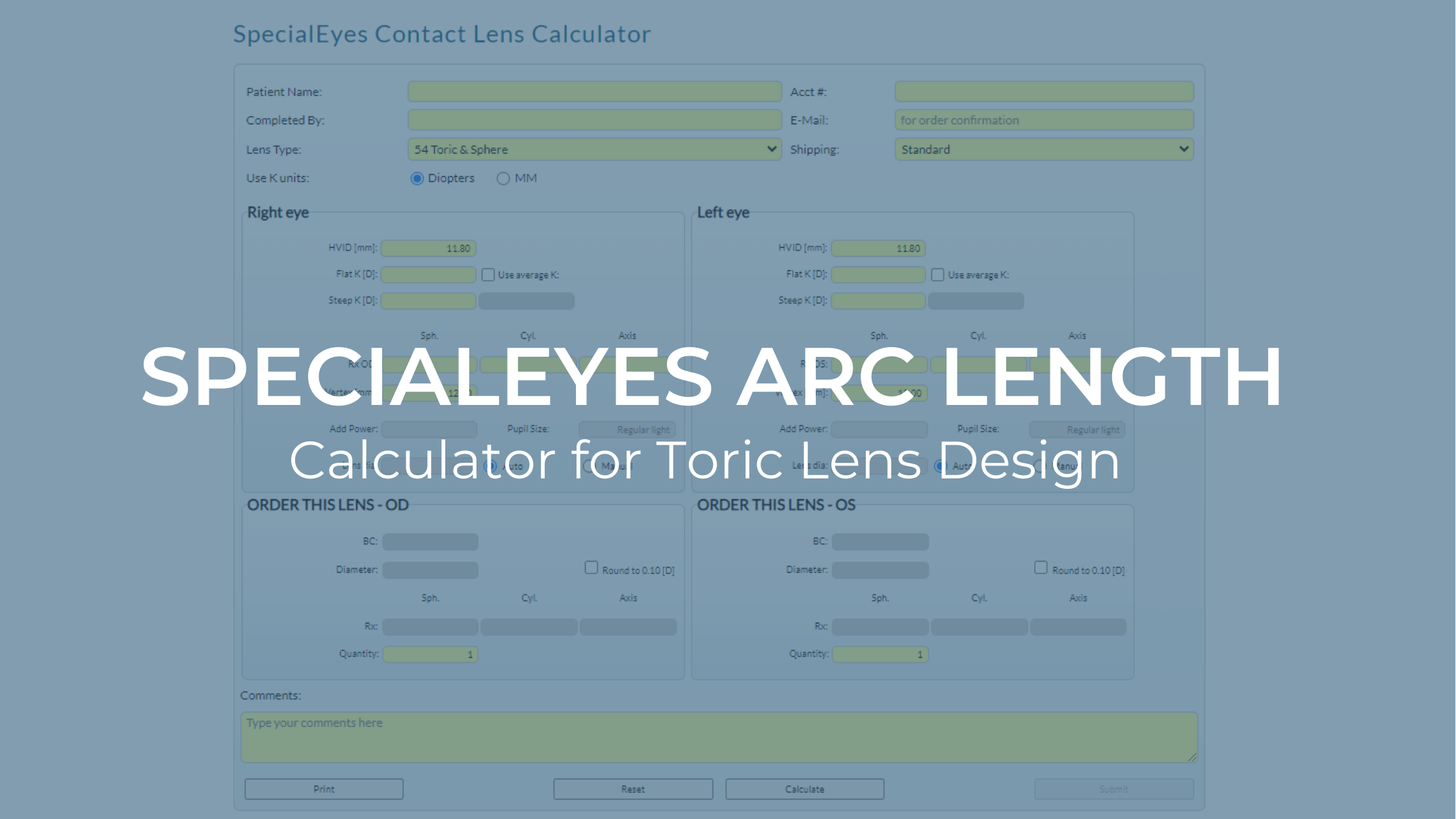 SpecialEyes Arc Length Contact Lens Calculator for Toric Lens Design